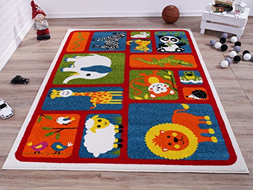 Ladole Rugs Adorable Animals Theme Contemporary Kids Area Rug - Carpet for Living Room Bedroom Entrance Hallway Carpet - Red Multicolor, 4x6 (3'11" x 5'3" 120cm x 160cm)