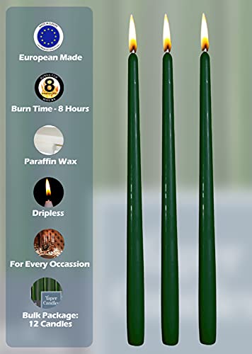 Hyoola 12 Pack Tall Taper Candles - 10 Inch Hunter Green Dripless, Unscented Dinner Candle - Paraffin Wax with Cotton Wicks - 8 Hour Burn Time