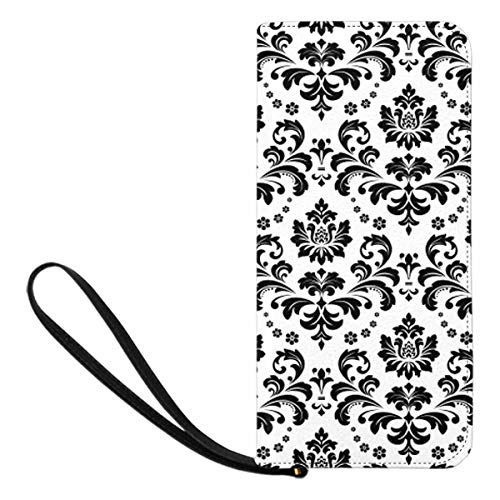 InterestPrint Elegant Damask Black and White Floral Womens Clutch Wallet Large Wristlet Zipper Clutch Large Travel Purse