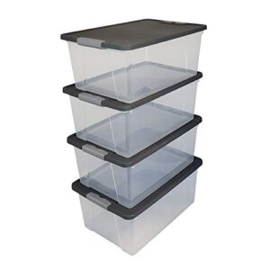 HOMZ Clear Plastic Storage Bins with Snaplock Secure Latching Lids | Easy Grip Handles | Stackable & Nestable Organizing Totes | Grey Lid | 15 Quart, Pack of 4