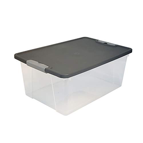 HOMZ Clear Plastic Storage Bins with Snaplock Secure Latching Lids | Easy Grip Handles | Stackable & Nestable Organizing Totes | Grey Lid | 15 Quart, Pack of 4