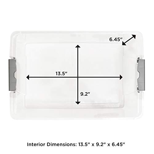 HOMZ Clear Plastic Storage Bins with Snaplock Secure Latching Lids | Easy Grip Handles | Stackable & Nestable Organizing Totes | Grey Lid | 15 Quart, Pack of 4