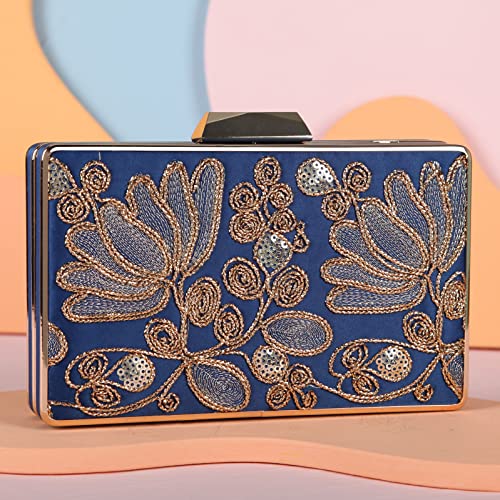 Fawzia Embroidery Wedding Clutch Evening Bags For Women-Blue