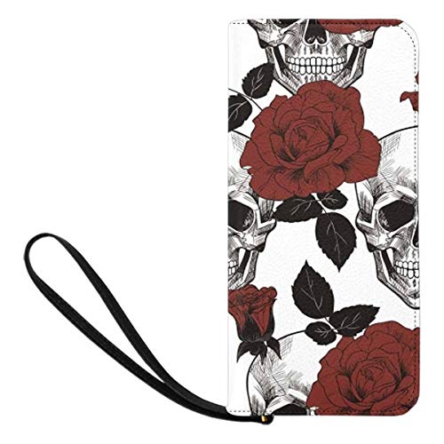 InterestPrint Sugar Skull and Red Roses Women's Zip Wallet Ladies Clutch Travel Purse Wrist Strap