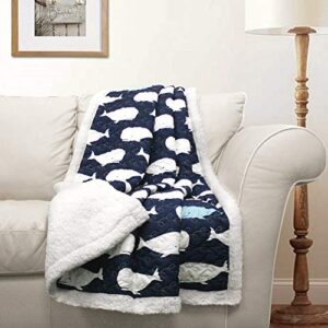 lush decor, navy whale throw | ocean animal print fuzzy reversible sherpa blanket-60” x 50, 60″ x 50″