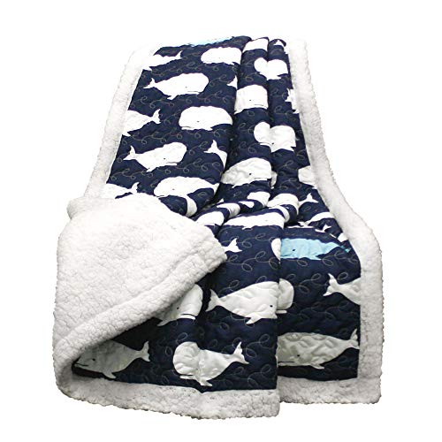 Lush Decor, Navy Whale Throw | Ocean Animal Print Fuzzy Reversible Sherpa Blanket-60” x 50, 60" x 50"