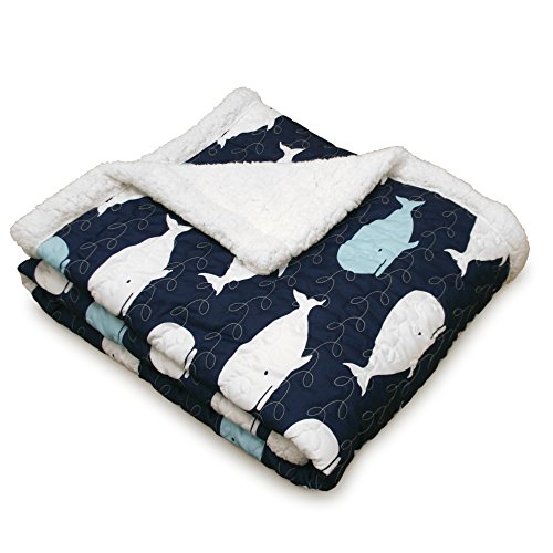 Lush Decor, Navy Whale Throw | Ocean Animal Print Fuzzy Reversible Sherpa Blanket-60” x 50, 60" x 50"