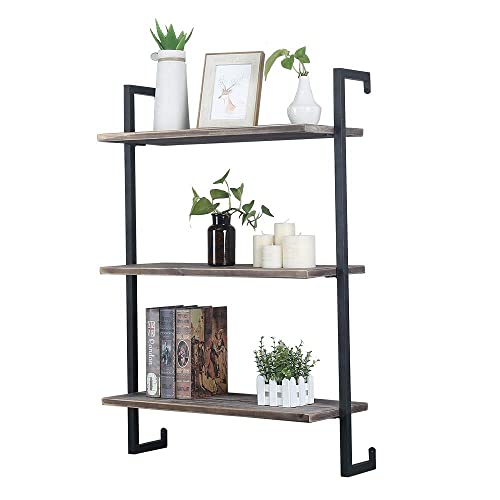 OLDRAINBOW Industrial Metal and Wood Wall Shelf Unit,Rustic Floating Wood Shelves Wall Mounted,24in Iron Real Wood Book Shelves,Hanging Wall Shelves for Bedrooms Office,3 Tier Bookshelf Shelving