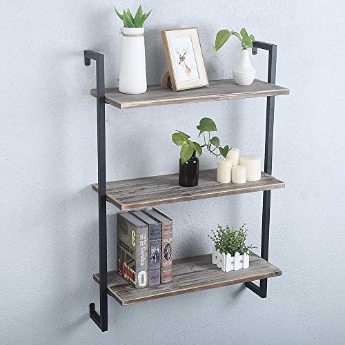 OLDRAINBOW Industrial Metal and Wood Wall Shelf Unit,Rustic Floating Wood Shelves Wall Mounted,24in Iron Real Wood Book Shelves,Hanging Wall Shelves for Bedrooms Office,3 Tier Bookshelf Shelving