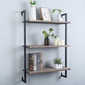 OLDRAINBOW Industrial Metal and Wood Wall Shelf Unit,Rustic Floating Wood Shelves Wall Mounted,24in Iron Real Wood Book Shelves,Hanging Wall Shelves for Bedrooms Office,3 Tier Bookshelf Shelving