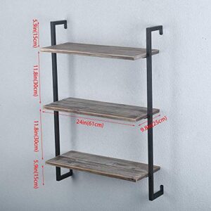 OLDRAINBOW Industrial Metal and Wood Wall Shelf Unit,Rustic Floating Wood Shelves Wall Mounted,24in Iron Real Wood Book Shelves,Hanging Wall Shelves for Bedrooms Office,3 Tier Bookshelf Shelving