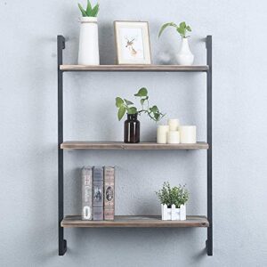 OLDRAINBOW Industrial Metal and Wood Wall Shelf Unit,Rustic Floating Wood Shelves Wall Mounted,24in Iron Real Wood Book Shelves,Hanging Wall Shelves for Bedrooms Office,3 Tier Bookshelf Shelving