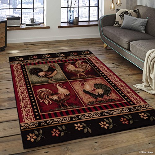 Allstar 4x5 Red and Black Cabin Rectangular Accent Rug with Ivory and Green Wildlife Rooster Design (3' 9" x 5' 1")