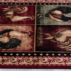 Allstar 4x5 Red and Black Cabin Rectangular Accent Rug with Ivory and Green Wildlife Rooster Design (3' 9" x 5' 1")