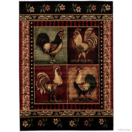 Allstar 4x5 Red and Black Cabin Rectangular Accent Rug with Ivory and Green Wildlife Rooster Design (3' 9" x 5' 1")