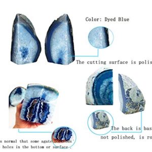 JIC Gem Dyed Blue Agate Bookends 2 to 3 Lbs Polished Geode 1 Pair with Rubber Bumpers for Office and Home Decoration Small Size