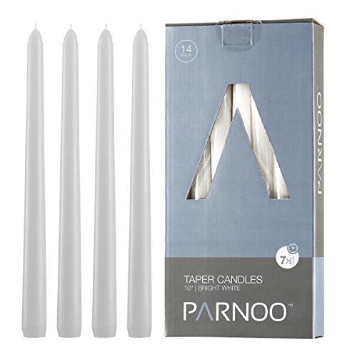 White Taper Candles - Set of 14 Dripless Candles - 10 inch Tall, 3/4 inch Thick - 7.5 Hour Clean Burning