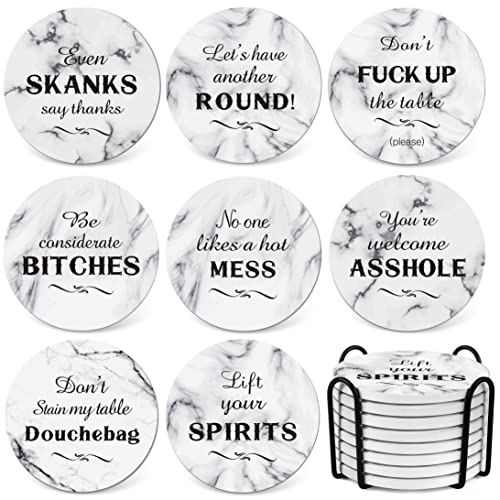 Teivio 8 Piece Coaster for Drinks Absorbing Stone Coasters Set Cork Base, Metal Holder, Marble Funny Style, Birthday Housewarming Gifts, Apartment Kitchen Room Bar Décor (White)