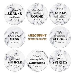 Teivio 8 Piece Coaster for Drinks Absorbing Stone Coasters Set Cork Base, Metal Holder, Marble Funny Style, Birthday Housewarming Gifts, Apartment Kitchen Room Bar Décor (White)