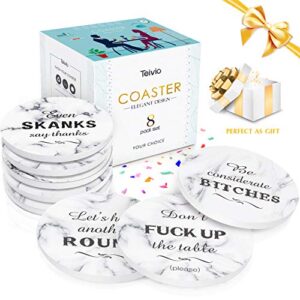 Teivio 8 Piece Coaster for Drinks Absorbing Stone Coasters Set Cork Base, Metal Holder, Marble Funny Style, Birthday Housewarming Gifts, Apartment Kitchen Room Bar Décor (White)