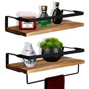 normei wood floating shelves floating shelves wall mounted rustic wood shelves with towel holder for bathroom, kitchen, set of 2 (carbonized black)