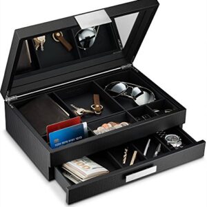 Glenor Co Mens Valet/Dresser Organizer - Luxury 12 Slot Jewelry Accessories Box, Carbon Fiber Design, Drawer Tray, Metal Buckle & Large Mirror for Men’s Watches, Sunglasses, Wallet… Pu Leather Black