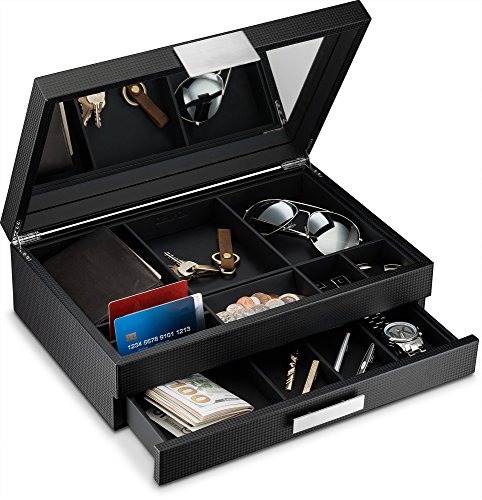 Glenor Co Mens Valet/Dresser Organizer - Luxury 12 Slot Jewelry Accessories Box, Carbon Fiber Design, Drawer Tray, Metal Buckle & Large Mirror for Men’s Watches, Sunglasses, Wallet… Pu Leather Black