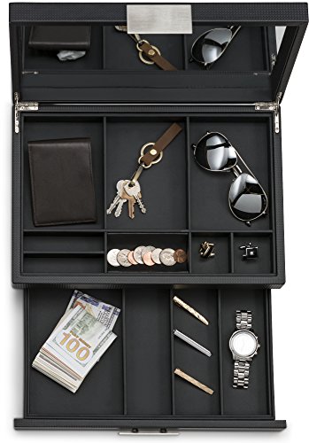 Glenor Co Mens Valet/Dresser Organizer - Luxury 12 Slot Jewelry Accessories Box, Carbon Fiber Design, Drawer Tray, Metal Buckle & Large Mirror for Men’s Watches, Sunglasses, Wallet… Pu Leather Black