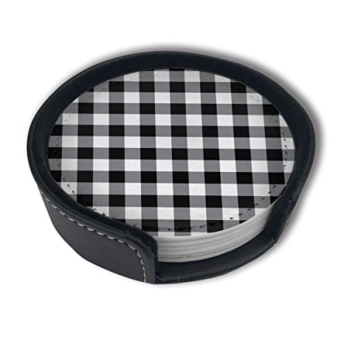 FUNCOOLCY Gray and Black Buffalo Plaid Gingham Tartan Coasters for Drinks with Holder Set, Leather Coasters Set of 6, Round Cups Mugs Mat Pad for Home and Kitchen Decor