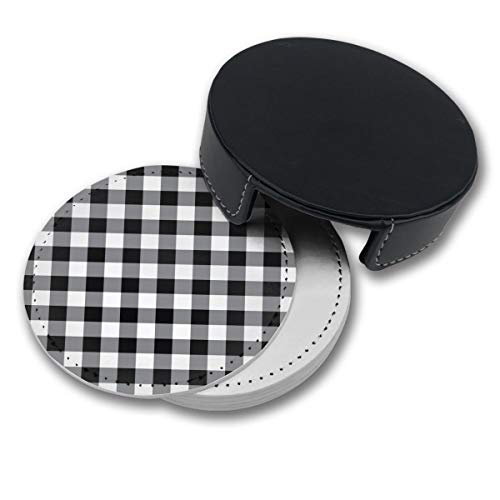 FUNCOOLCY Gray and Black Buffalo Plaid Gingham Tartan Coasters for Drinks with Holder Set, Leather Coasters Set of 6, Round Cups Mugs Mat Pad for Home and Kitchen Decor