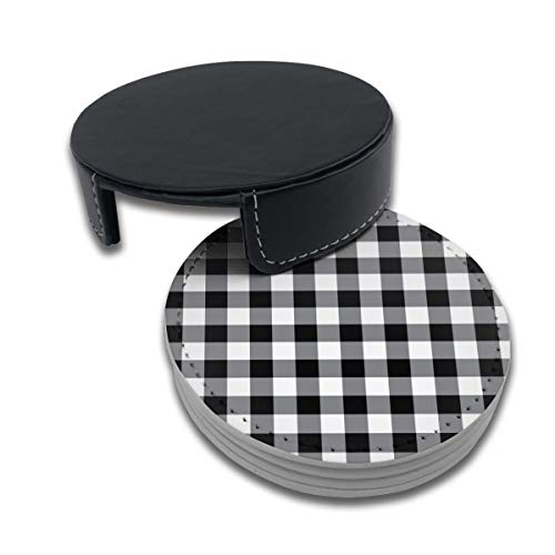 FUNCOOLCY Gray and Black Buffalo Plaid Gingham Tartan Coasters for Drinks with Holder Set, Leather Coasters Set of 6, Round Cups Mugs Mat Pad for Home and Kitchen Decor