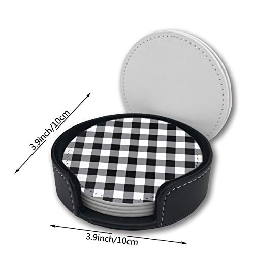 FUNCOOLCY Gray and Black Buffalo Plaid Gingham Tartan Coasters for Drinks with Holder Set, Leather Coasters Set of 6, Round Cups Mugs Mat Pad for Home and Kitchen Decor