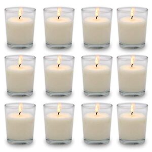 set of 12 white votive candles clear glass filled unscented soy wax candle for home décor spa weddings birthday holidays party and diy