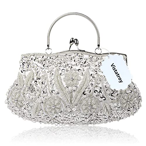 Vistatroy Vintage Style Beaded And Glass Beads Evening Bag Wedding Party Handbag Clutch Purse for Women Female Formal Evening (Silver)