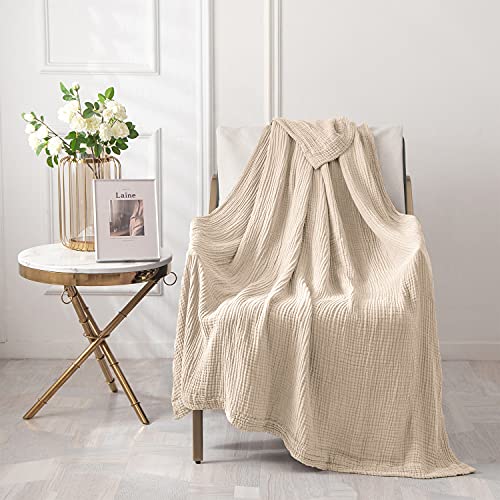 EMME Cotton Throw Blanket 100% Muslin Soft Blanket for Couch 4-Layer Breathable Gauze Blanket All Season Soft and Lightweight Pre-Washed Cotton Blanket (Light Tan, 55"x75")