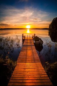 sunset over the fishing pier at finland lake photo national mountain nature landscape park scenic scenery parks picture dock water cool wall decor art print poster 24×36