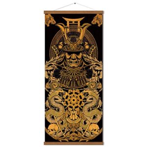 warrior’s dreams canvas wall art print poster armored helmet samurai spirit with scroll wood framed ready to hanger home karate hall sushi restaurant decor 16”x35”