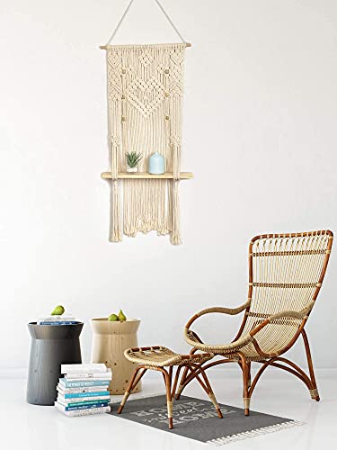 Eiyye Macrame Shelf Floating Wood Shelf Supporter Handmade Cotton Tapestry Hanging Home Deco14.6x35.4inch