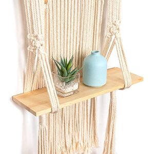 Eiyye Macrame Shelf Floating Wood Shelf Supporter Handmade Cotton Tapestry Hanging Home Deco14.6x35.4inch