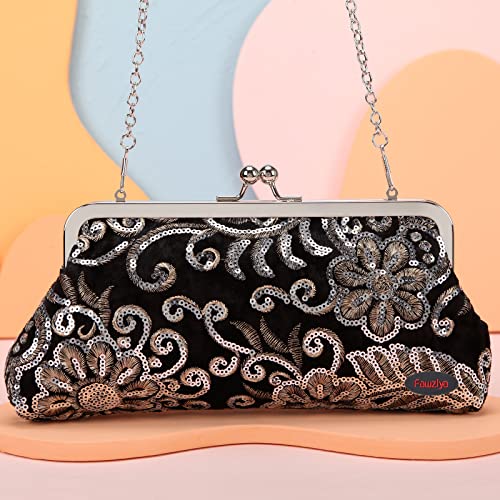 Fawziya Clutch Evening Bags Sequin Velvet Embroidered Kiss Lock PursesKiss Lock Evening Bag-Black