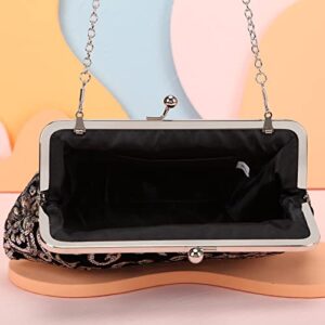 Fawziya Clutch Evening Bags Sequin Velvet Embroidered Kiss Lock PursesKiss Lock Evening Bag-Black