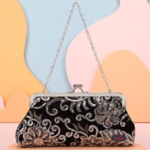 Fawziya Clutch Evening Bags Sequin Velvet Embroidered Kiss Lock PursesKiss Lock Evening Bag-Black