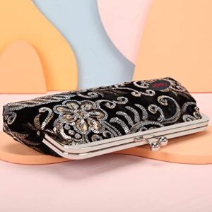 Fawziya Clutch Evening Bags Sequin Velvet Embroidered Kiss Lock PursesKiss Lock Evening Bag-Black