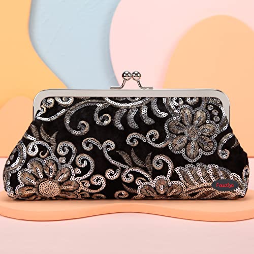 Fawziya Clutch Evening Bags Sequin Velvet Embroidered Kiss Lock PursesKiss Lock Evening Bag-Black