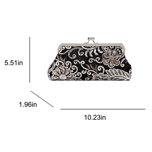 Fawziya Clutch Evening Bags Sequin Velvet Embroidered Kiss Lock PursesKiss Lock Evening Bag-Black