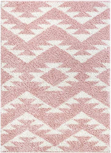 Well Woven Tribal Diamond Medallion Blush Pink Soft Shag Area Rug 5x7 (5'3"x7'3")