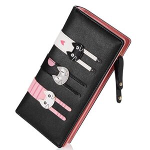 women’s wallet cute cat wallet coin purse bifold long purse with zipper black