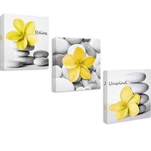 genius decor-modern yellow gray bathroom wall art decor zen flowers pictures canvas print relax soak unwind set of 3 (yellow gray)