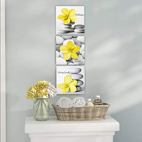 Genius Decor-Modern Yellow Gray Bathroom Wall Art Decor Zen Flowers Pictures Canvas Print Relax Soak Unwind Set of 3 (Yellow Gray)