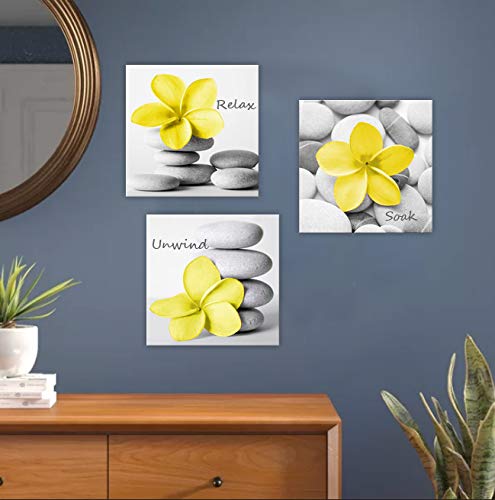 Genius Decor-Modern Yellow Gray Bathroom Wall Art Decor Zen Flowers Pictures Canvas Print Relax Soak Unwind Set of 3 (Yellow Gray)